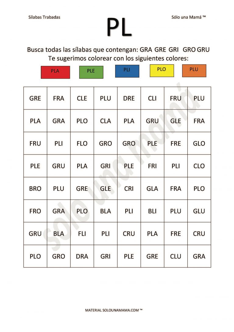 Ejercicios con Sílabas Trabadas PL - Sólo Una Mamá